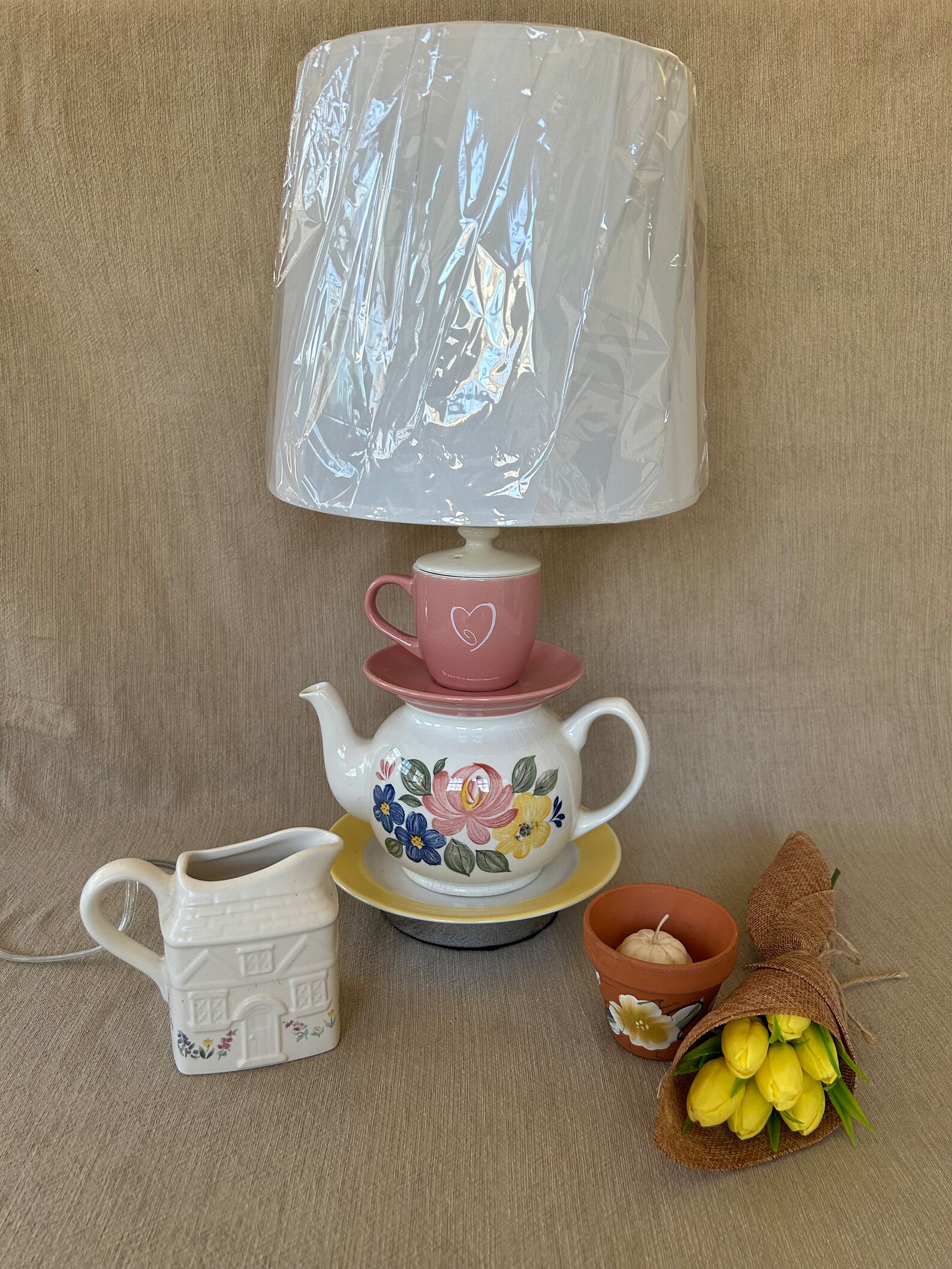 Stacked Teacup/teapot Lamp With Blue/yellow/pink Floral Motif - Etsy