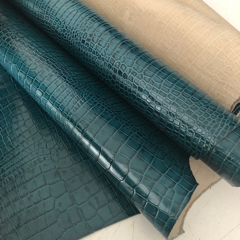 Teal Blue Green Embossed Crocodile Skin Textured Veg Tan Leather 100% ...