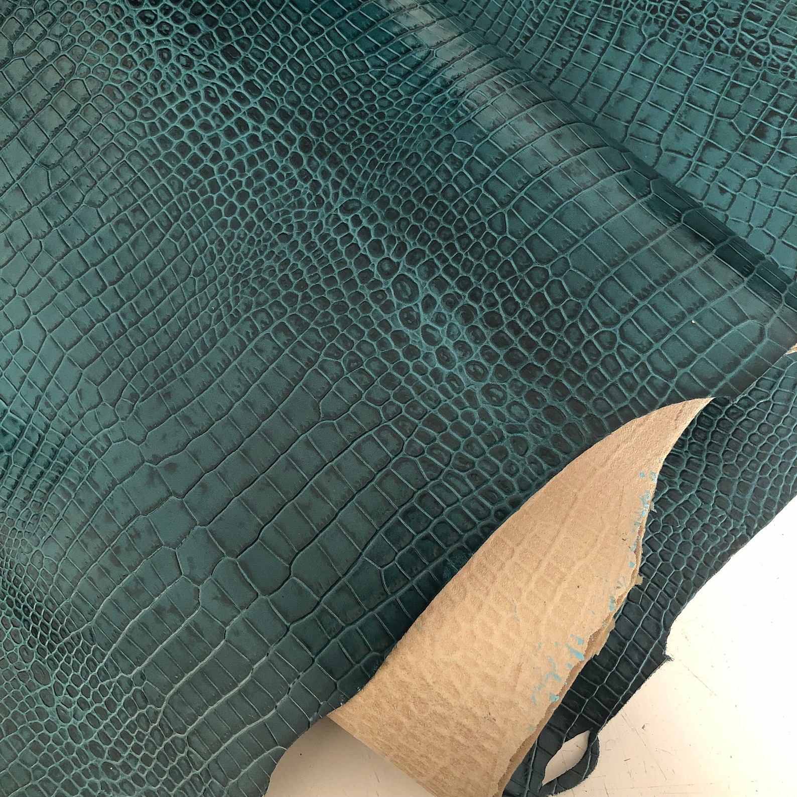 Teal Blue Green Embossed Crocodile Skin Textured Veg Tan Leather 100% ...