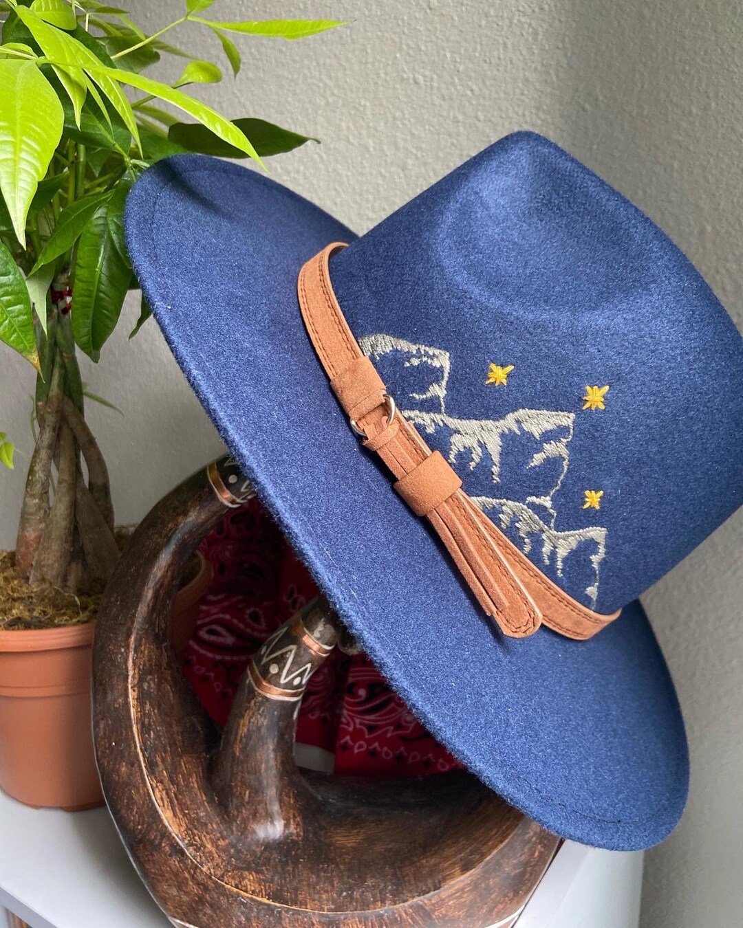 Hand Embroidered Explorer Hat Mountains Wide Brim Felt Hat Boho - Etsy