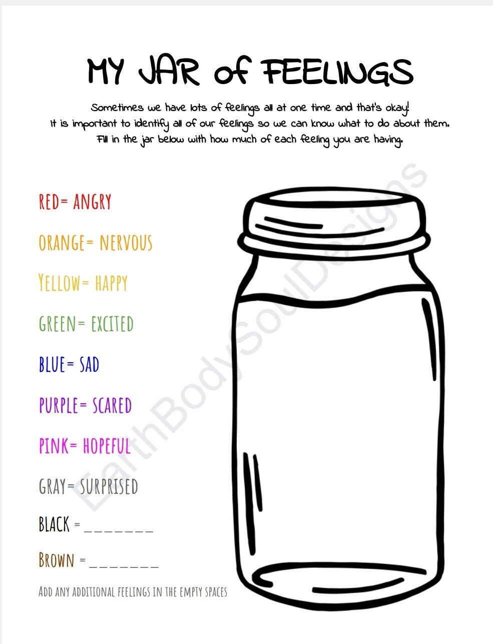 My Jar Of Feelings Worksheet Etsy