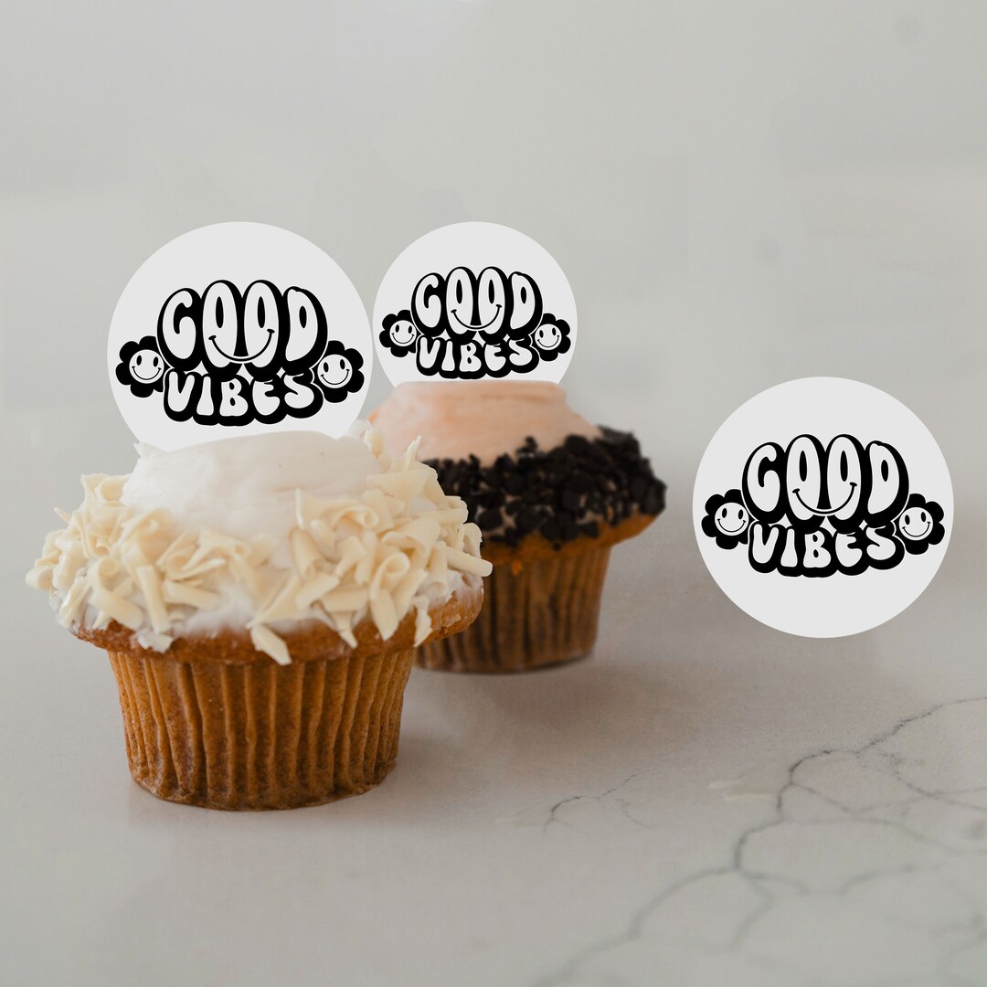 50 Edible Toppers - Good Vibes Cupcake Garnishes - Groovy Cupcake ...
