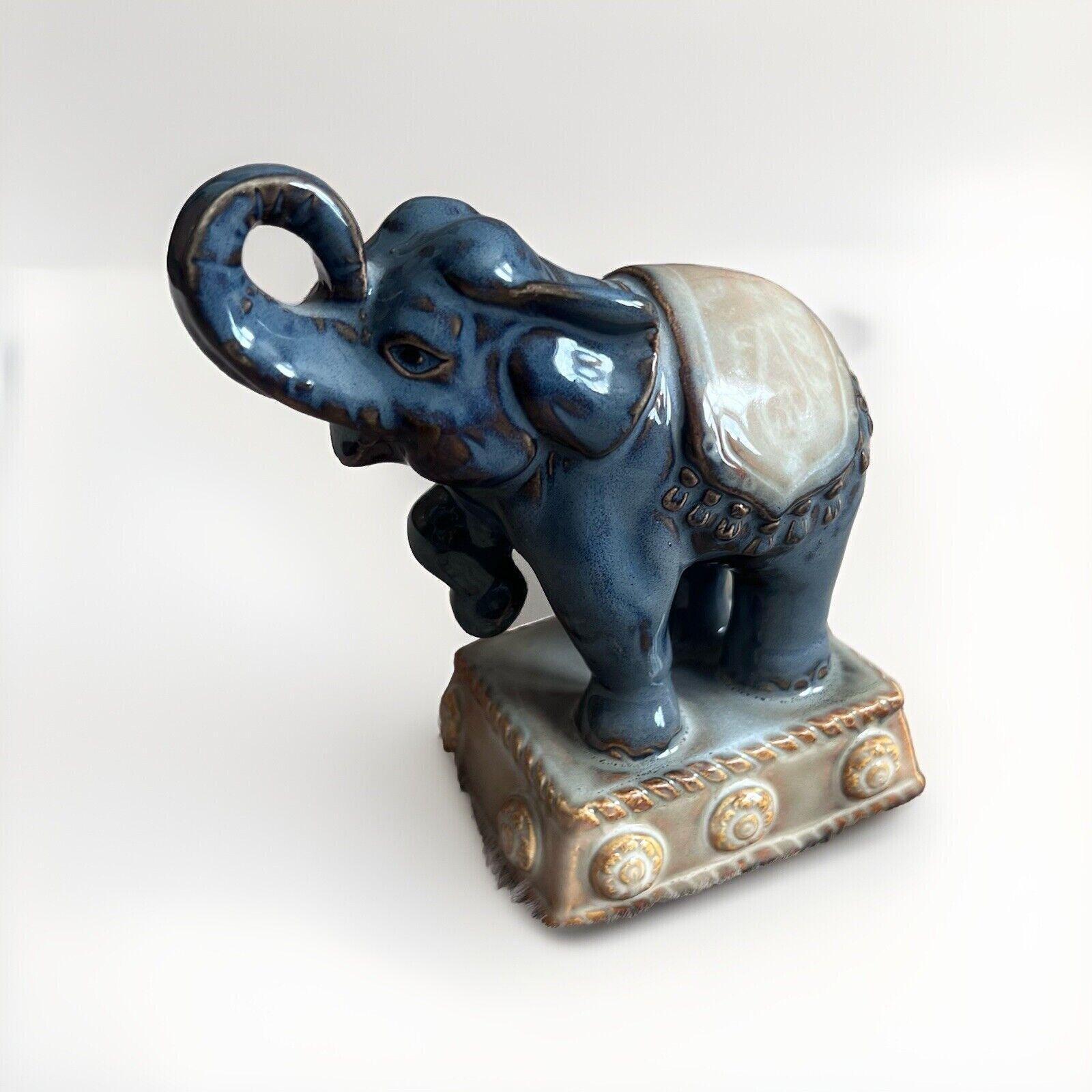 VTG Glazed Ceramic Circus Elephant Standing on Pedestal Raised Trunk ...