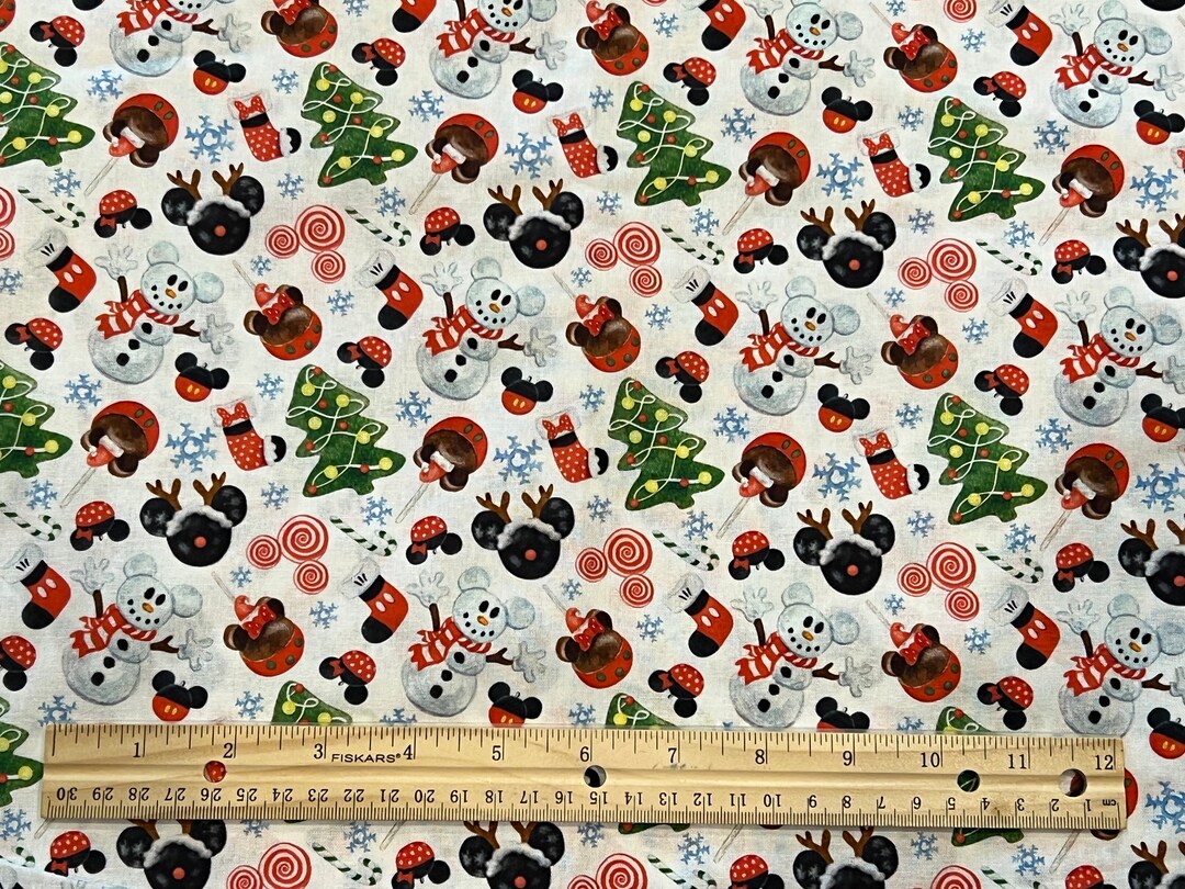 Christmas Mickey Fabric, Mickey Snowman Fabric, Disney Christmas Fabric ...