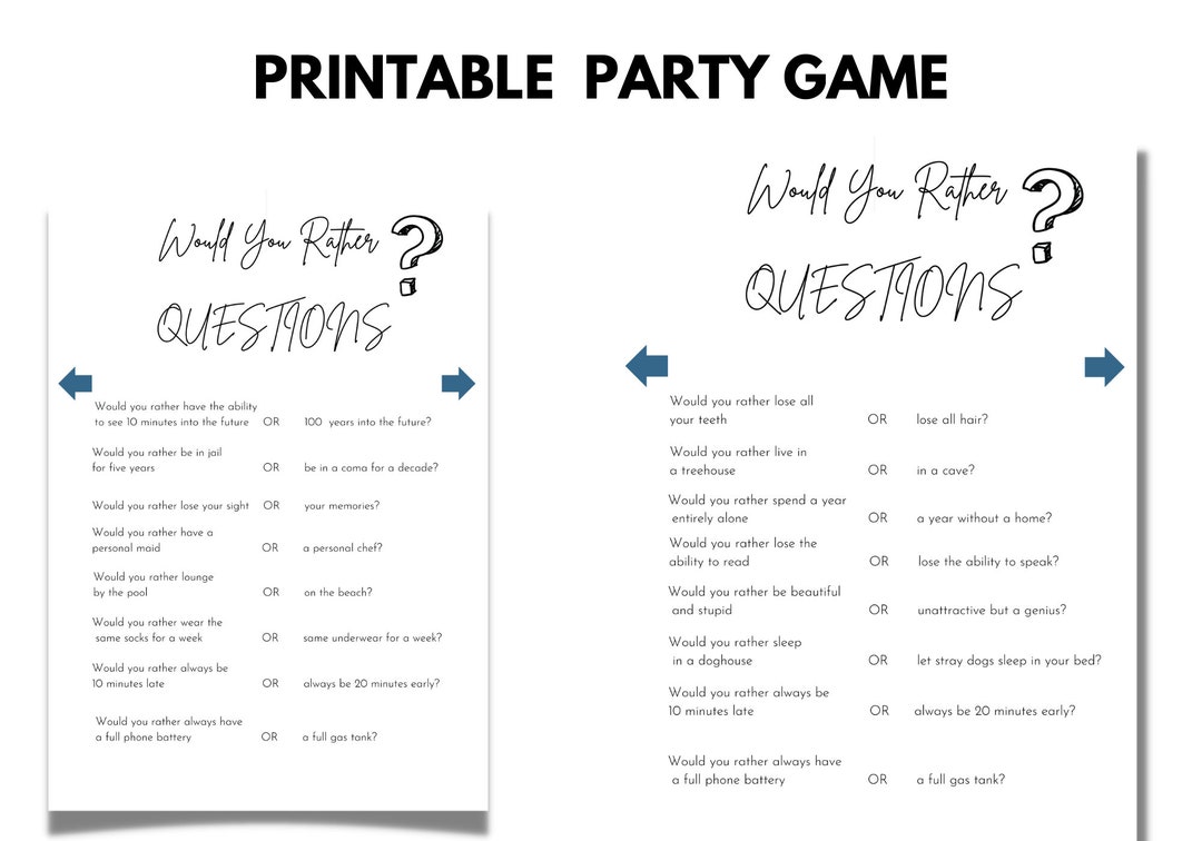 Printable Party Game, Would You Rather Questions, Questions Game ...