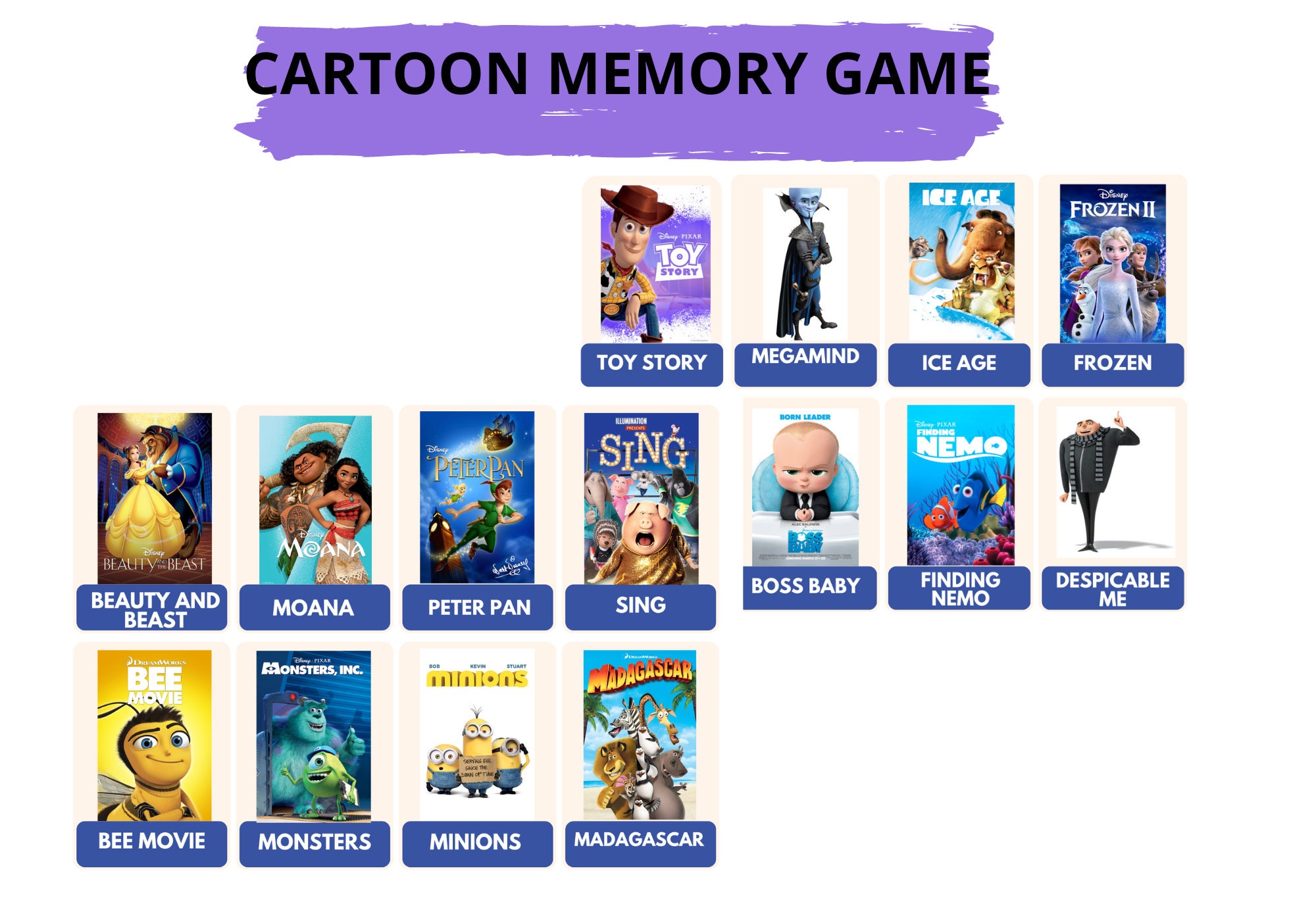 Cartoon Memory Game, Memory Game Cards, Cartoon Characters Game ...