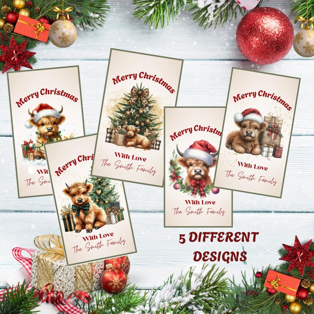 Editable Highland Cow Christmas Tags, Canva Template, Personalized ...