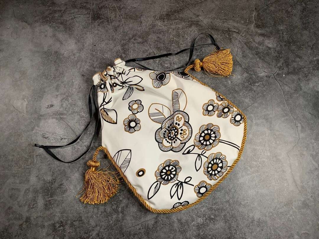 White and Gold Floral Reticule Handbag Regency Drawstring - Etsy