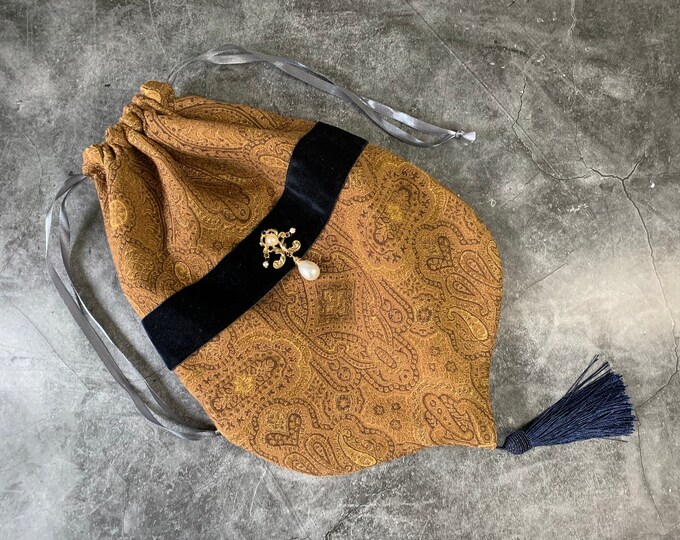 Golden Bronze Reticule With Blue Velvet Ribbon and Tassel Handbag ...