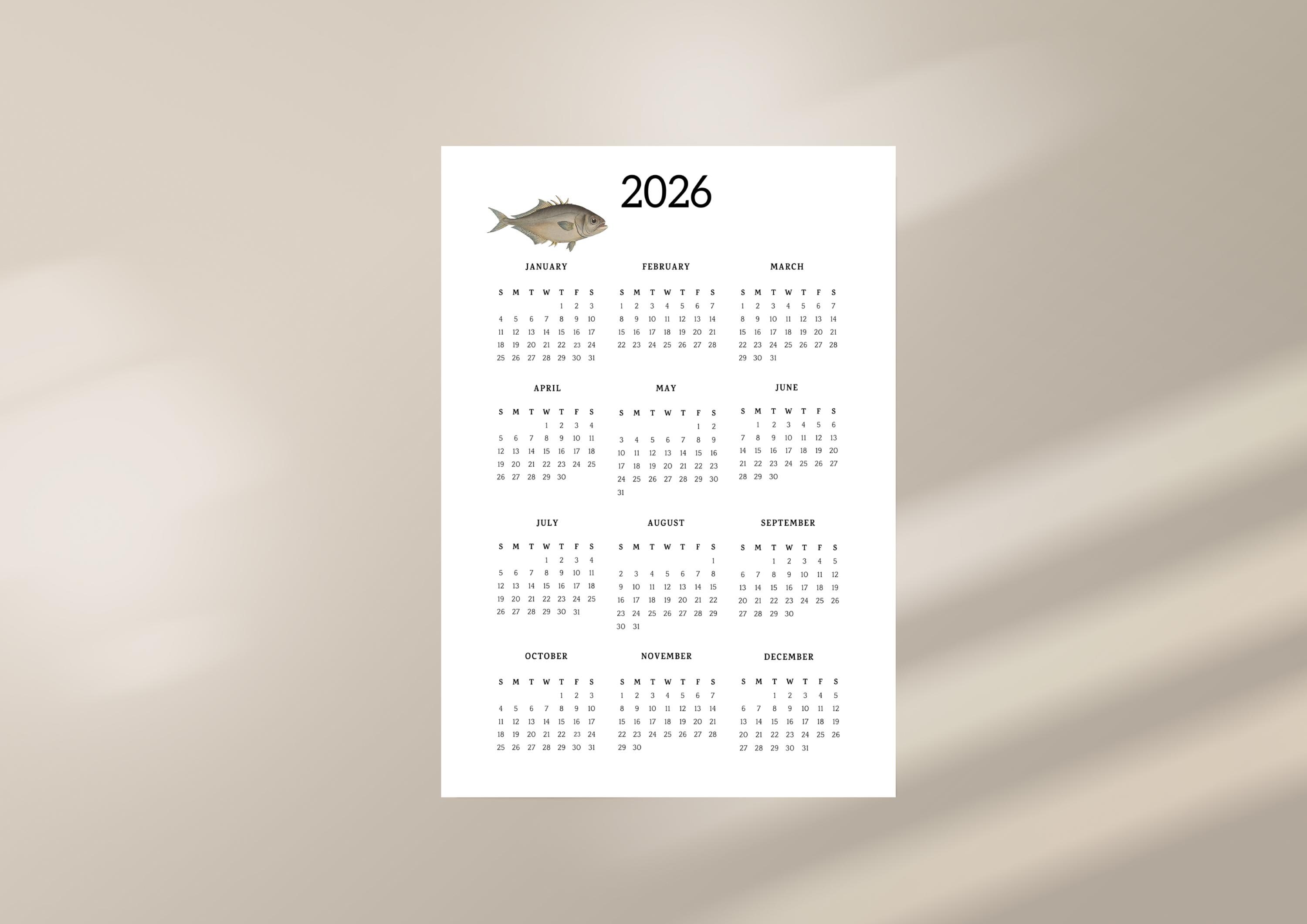 Illustrated Fish Calendar | Six Year Calendar | Printable Wall Calendar ...