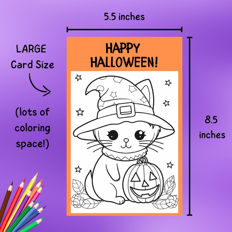 CAT WITCH Halloween, Kid's Halloween Card, COLORING Halloween Card ...