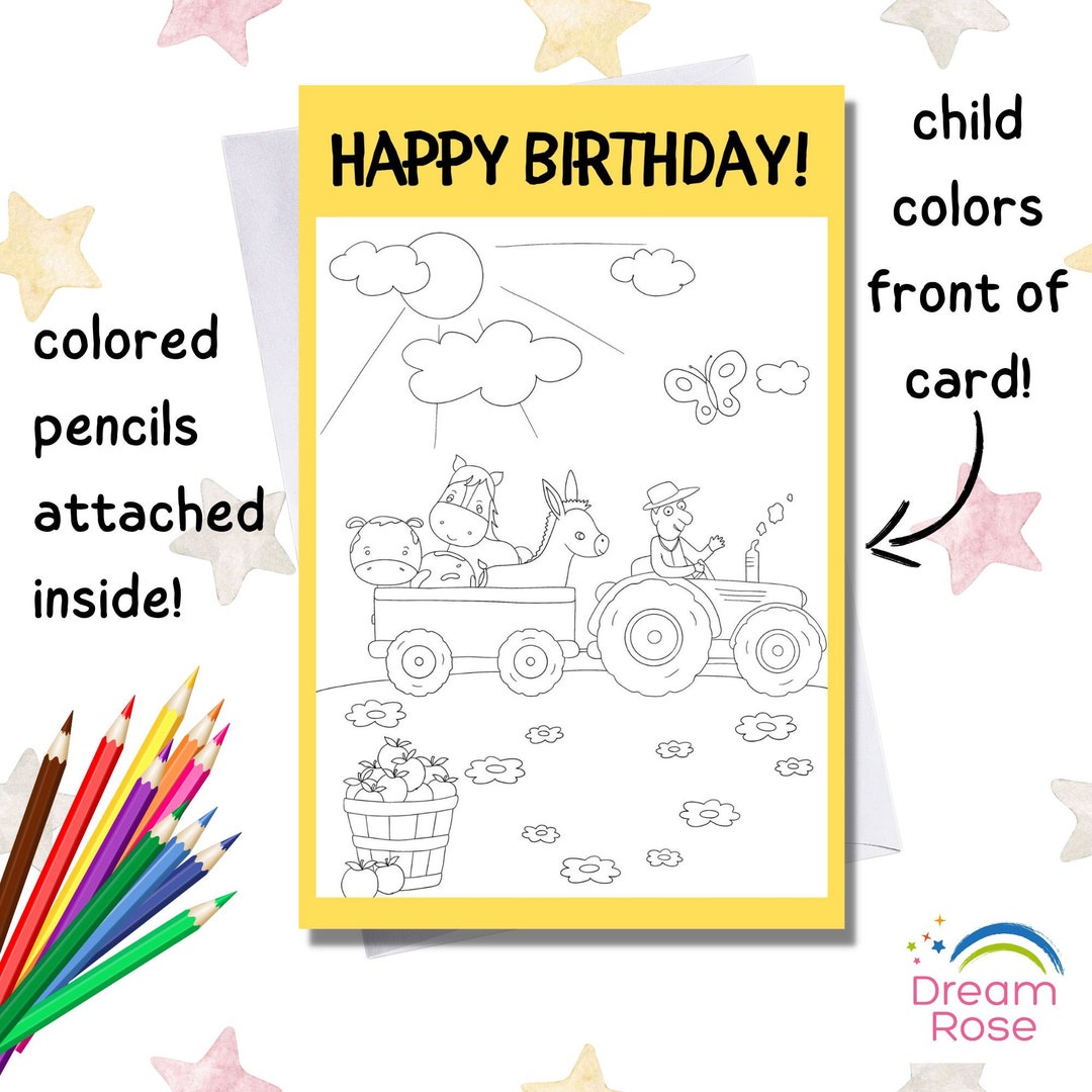 FARM Birthday Kid's Birthday Card COLORING Birthday - Etsy