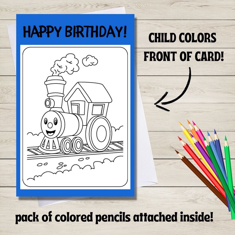 TRAIN Coloring Card for Child Happy Birthday Card for Kid to - Etsy