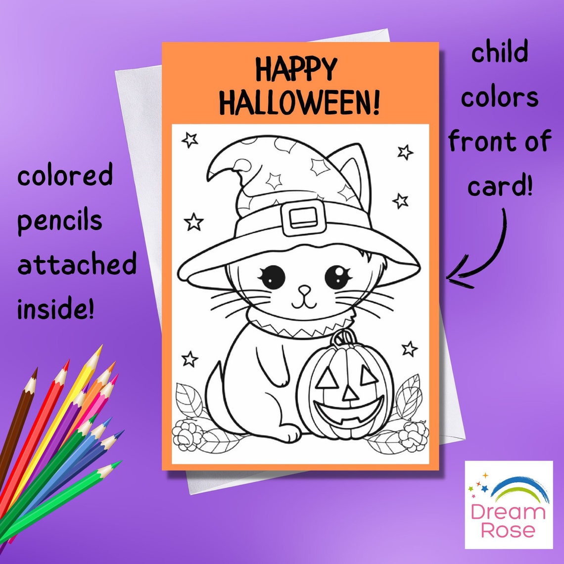 CAT WITCH Halloween, Kid's Halloween Card, COLORING Halloween Card ...