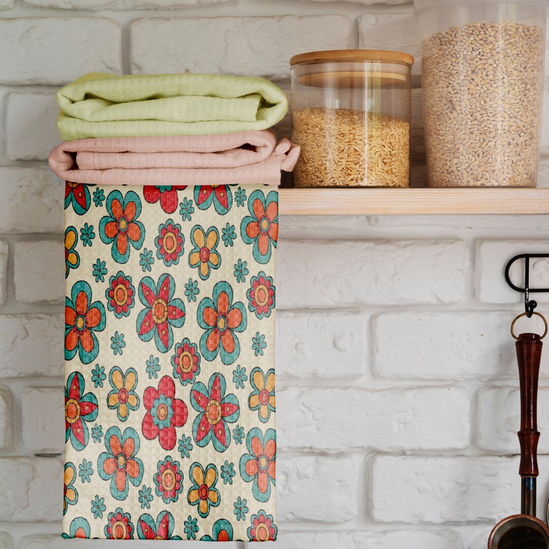 Retro Tea Towels, Retro Flowers Dish Towel, 70s Flowers Tea Towels, Mid ...