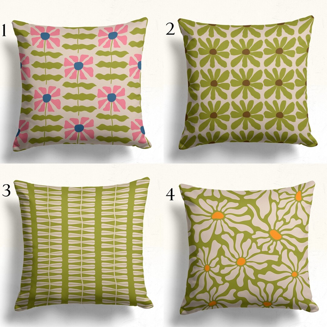 Retro Flowers Throw Pillow Cover, 70s Floral Pillow Cover, Mid Century ...