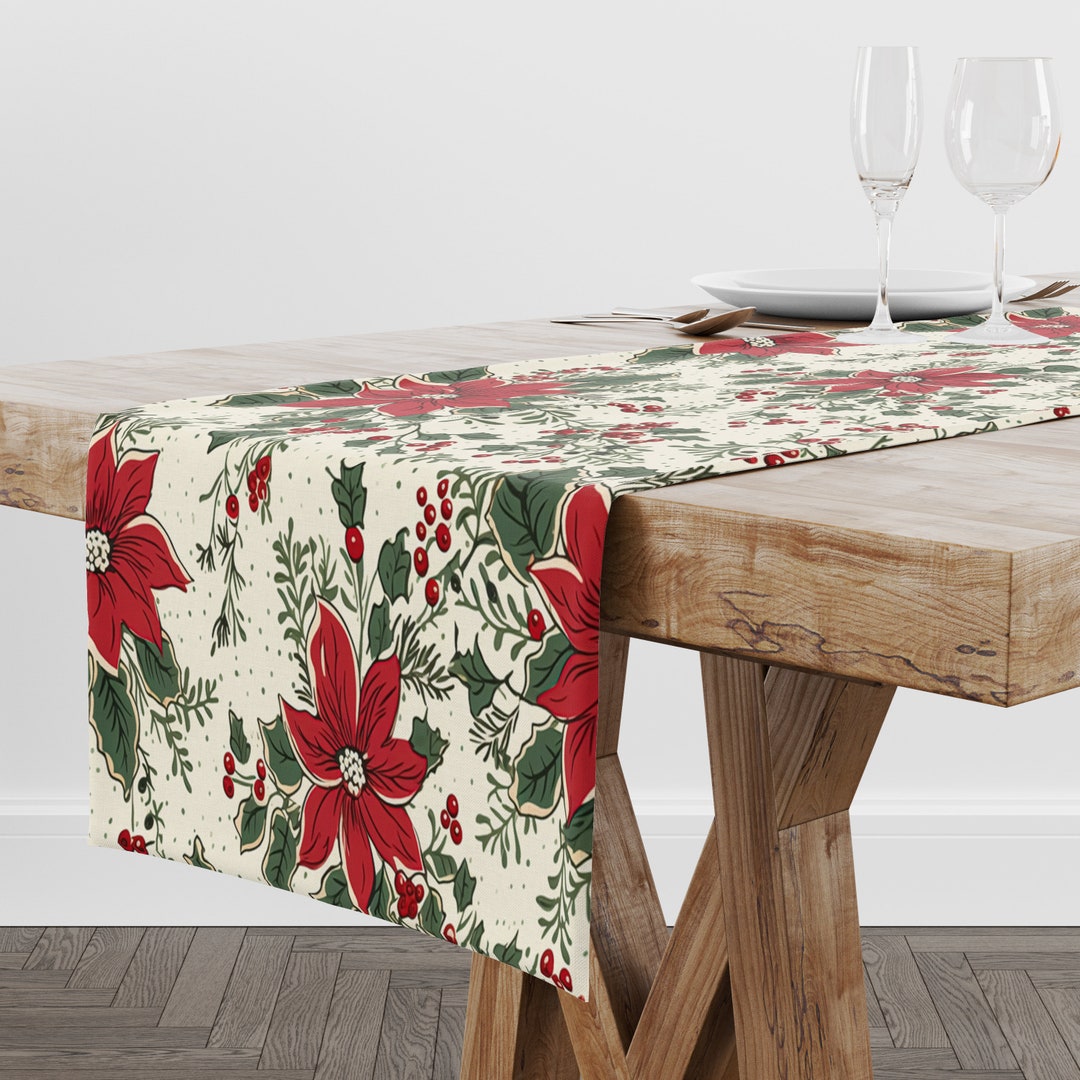 Christmas Flowers Table Runner, Holly Berry Table Runner, Xmas Berry ...
