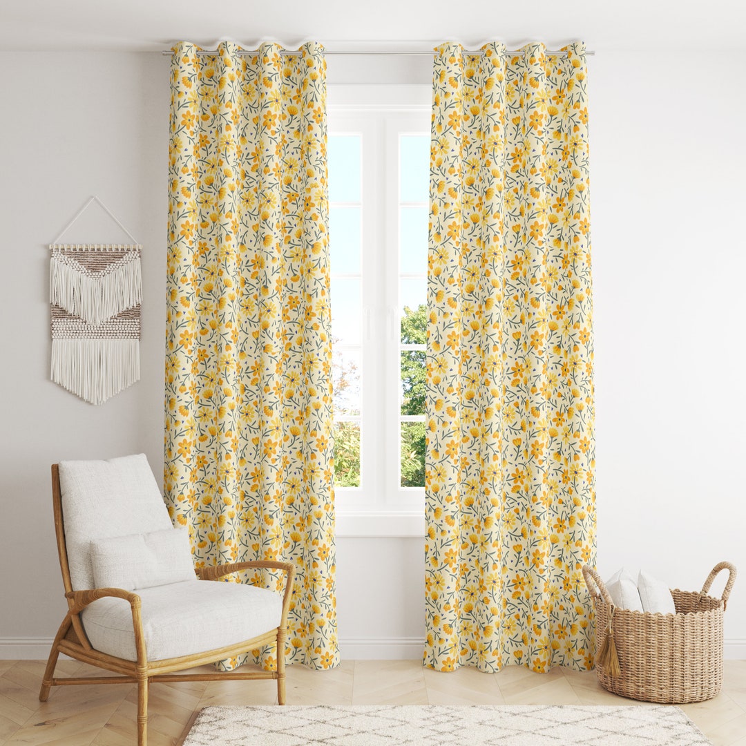 Yellow Floral Curtains, Modern Vintage Floral Curtain Panels, Retro ...