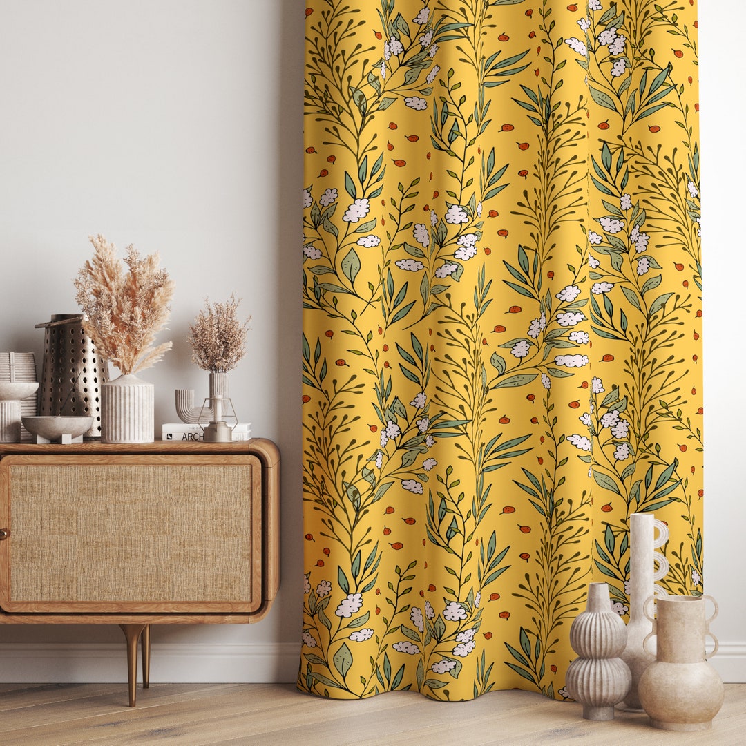 Modern Vintage Yellow Floral Curtain, Yellow Floral Curtain, Floral ...