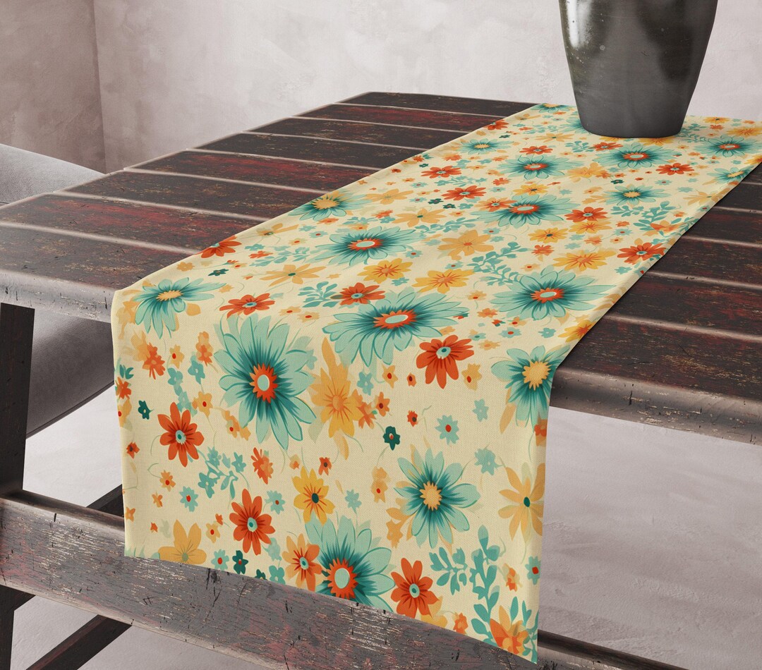70s Flowers Table Runners, Retro Mid Century Modern Floral Table Runner ...