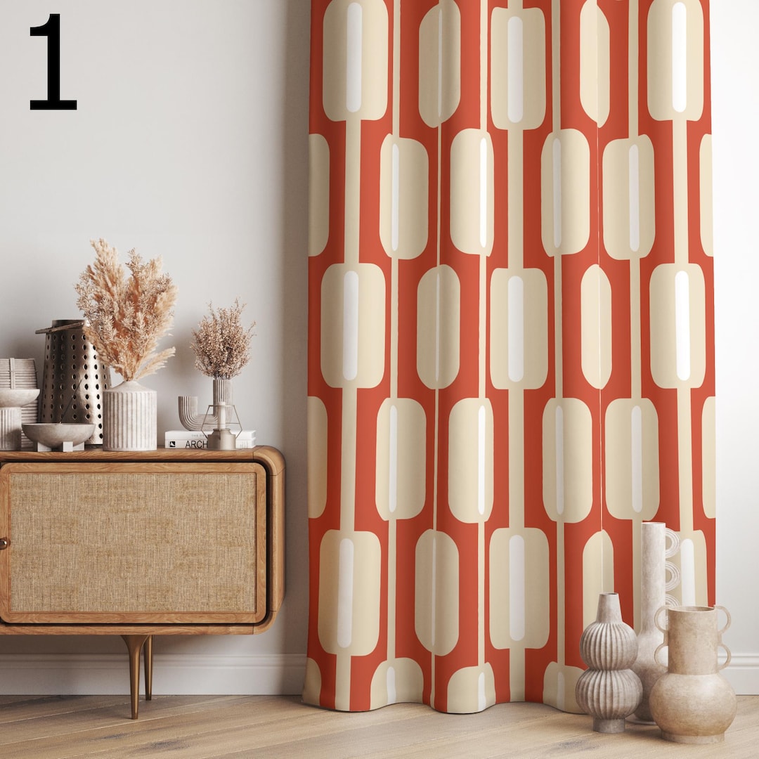 Retro 70s Curtains, Mcm Curtain Panels, Beige Modern Art Deco Style ...