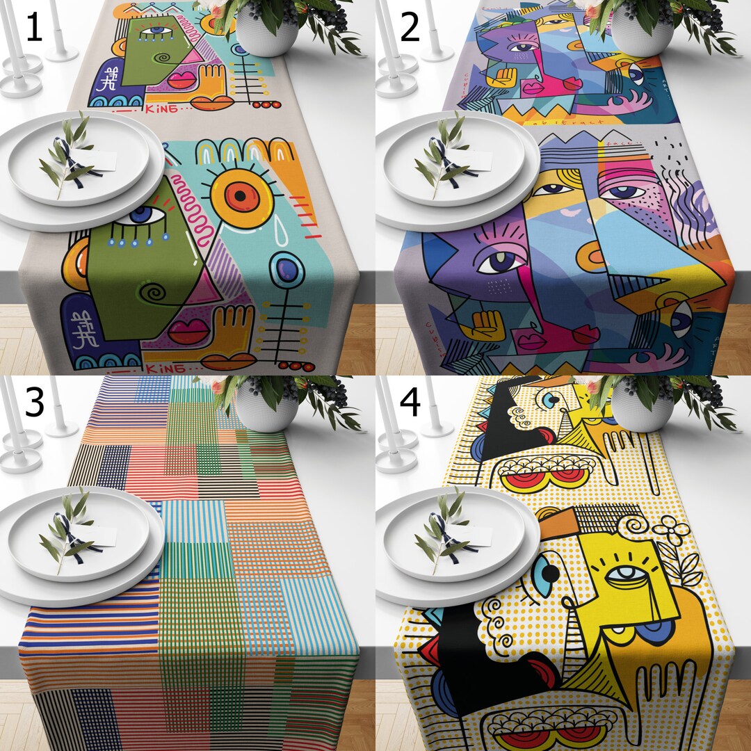 Modern Abstract Table Runner, Face Lines Painting Table Runner, Modern ...