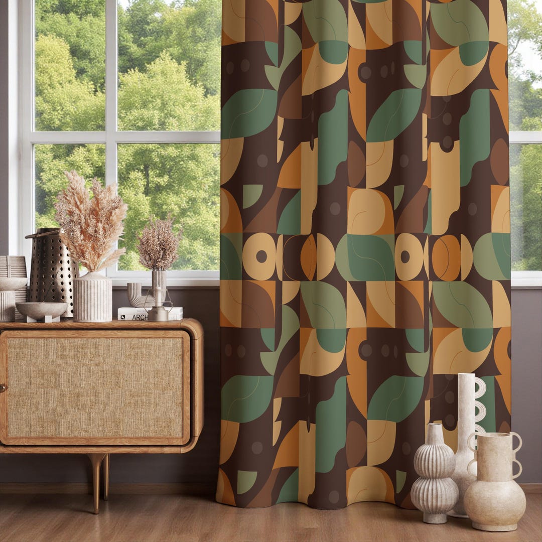 Retro Curtains, Abstract Style Living Room Drapes, Mid Century Curtain ...