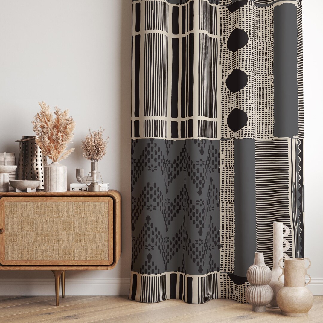 Abstract Geometric Curtain Panel, Modern Retro Black Beige Curtain, Mid ...