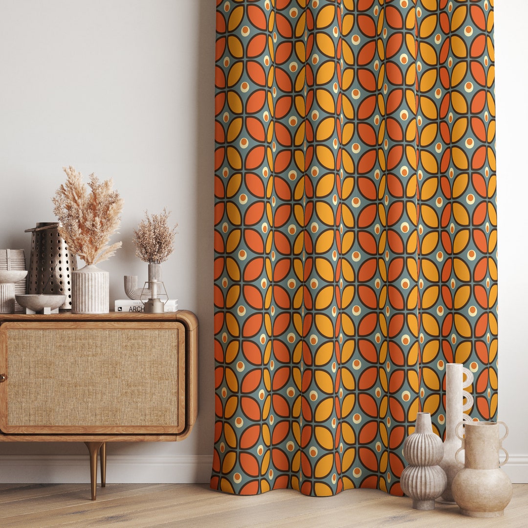 Mid Century Modern Curtain Panels, 70s Floral Curtain, 70s Retro Orange ...