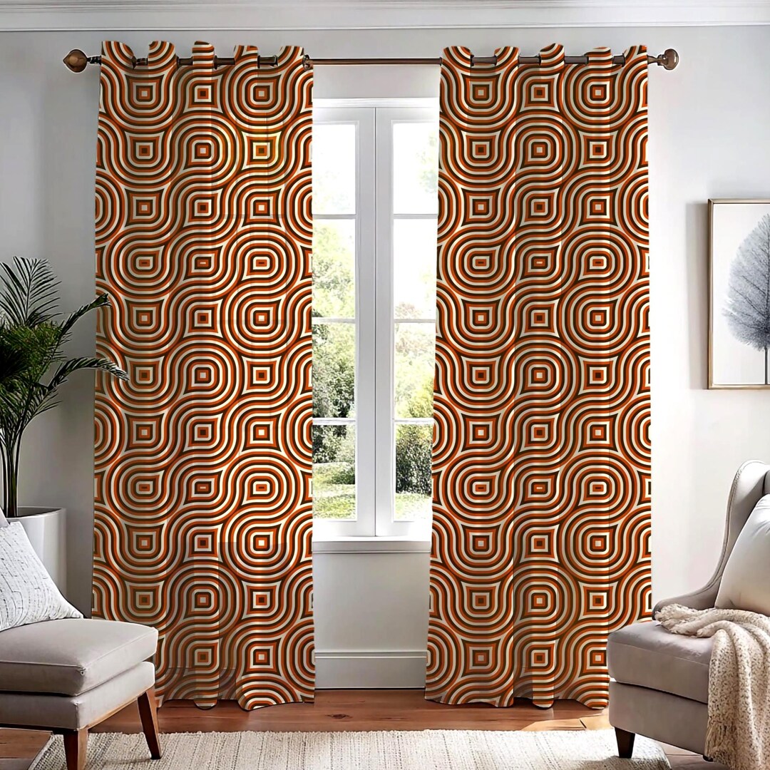 Retro Curtain Panels, Mid Century Geometric Abstract Curtains, 70s ...
