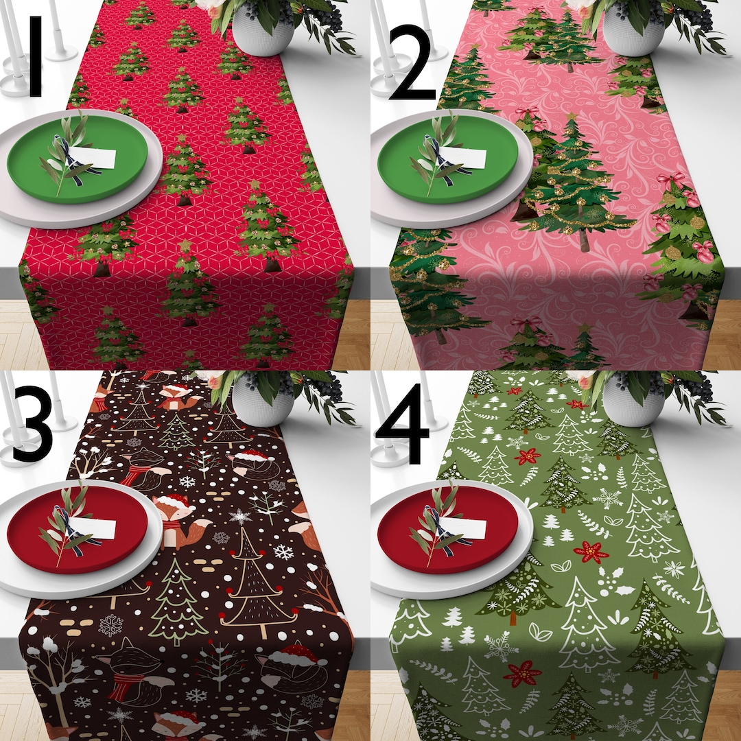 Christmas Table Runner Holly Pine Tree Table Runner Xmas - Etsy