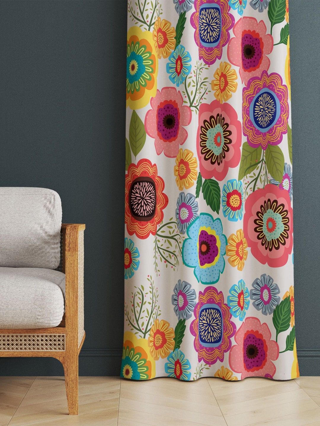 Mid Century Modern Floral Curtain Panels, 70s Hippie Boho Floral Retro ...