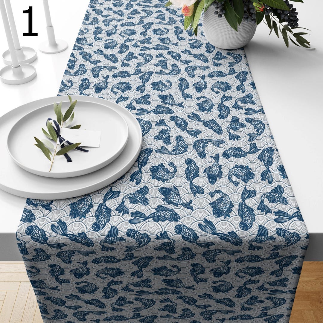 Japanese Koi Fish Table Runner, Blue Zen Decor - Etsy