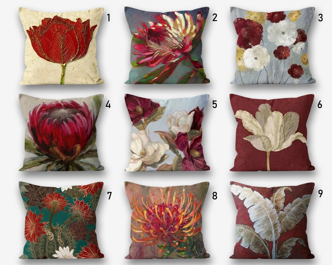 Floral Pillow Cover, Red Floral Pillow Cover, Burgundy Floral Cushion ...