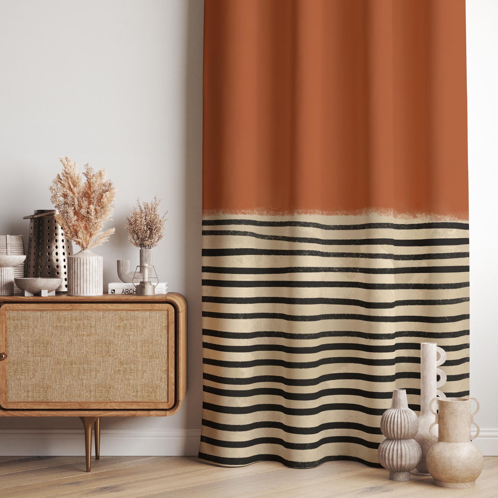 Terracotta Striped Curtain Panel, Modern Rustic Boho Window Drapes ...