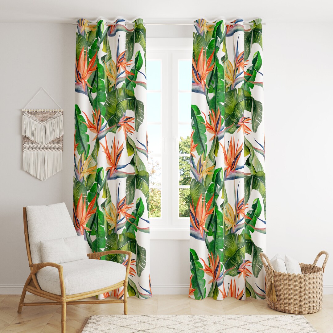 Tropical Floral Curtain Panels, Bird of Paradise Curtain Panels ...