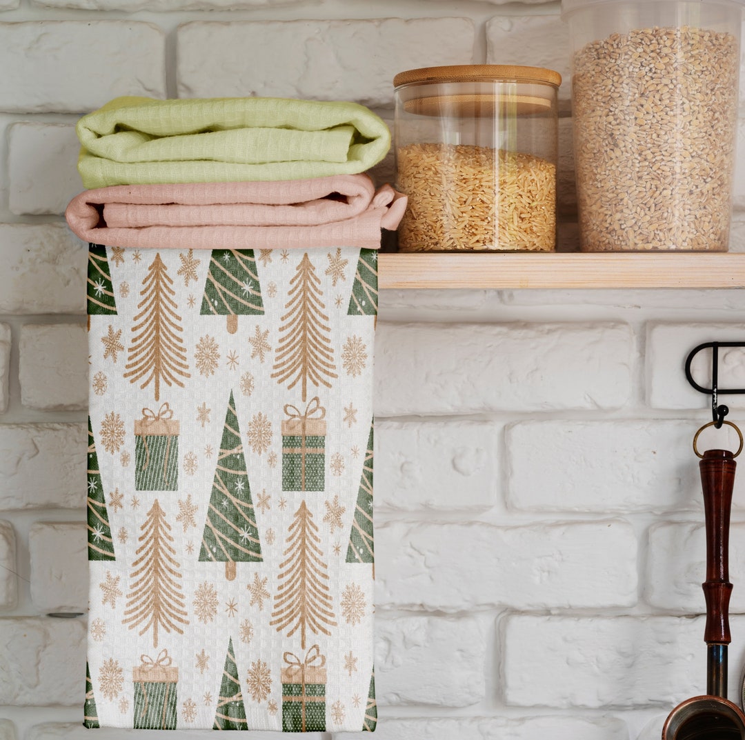 Christmas Cute Tea Towels, Xmas Dish Towel, Christmas Pine Trees Towel ...