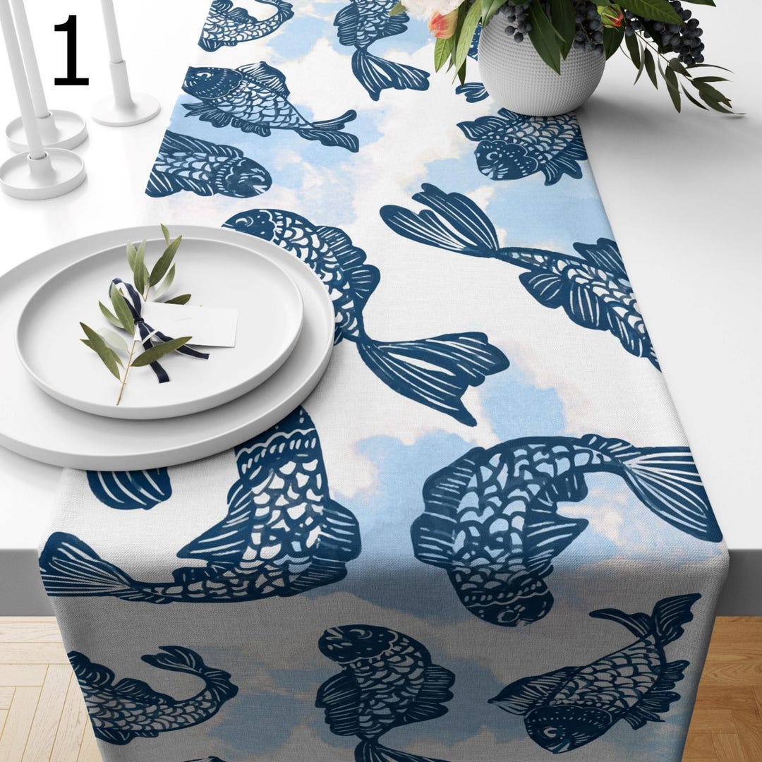 Japanese Koi Fish Table Runner, Blue Wave Table Decor, Zen Minimalist ...