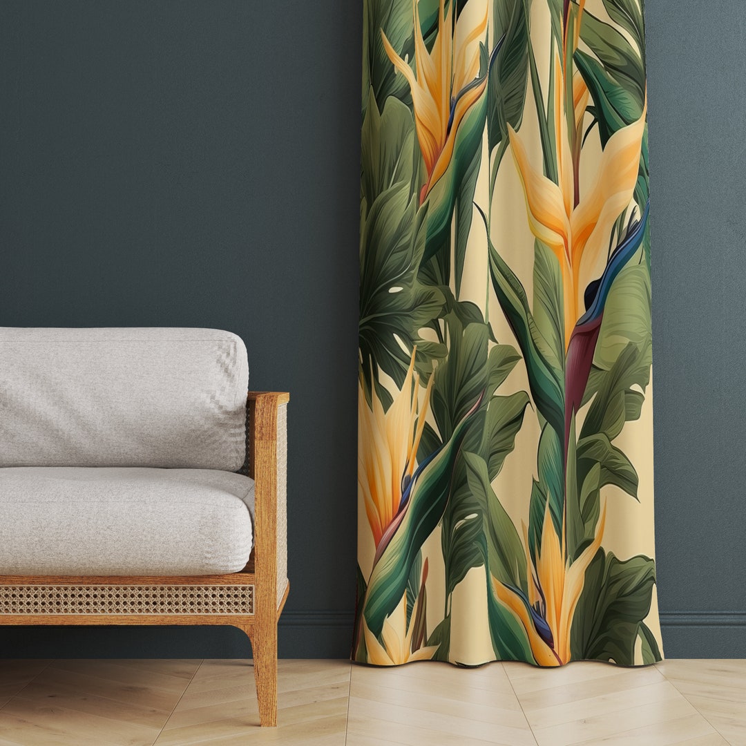 Exotic Leaves and Flowers Curtain, Tropical Leaves Print Curtain, Bird ...