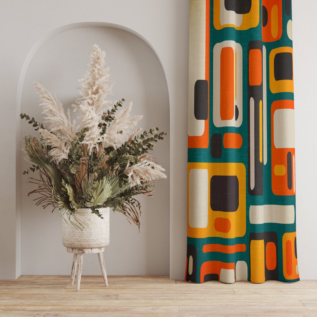 Mid Century Modern Curtain Panels, Retro Curtains, Mcm Curtain, Abstract Retro Style Living Room ...