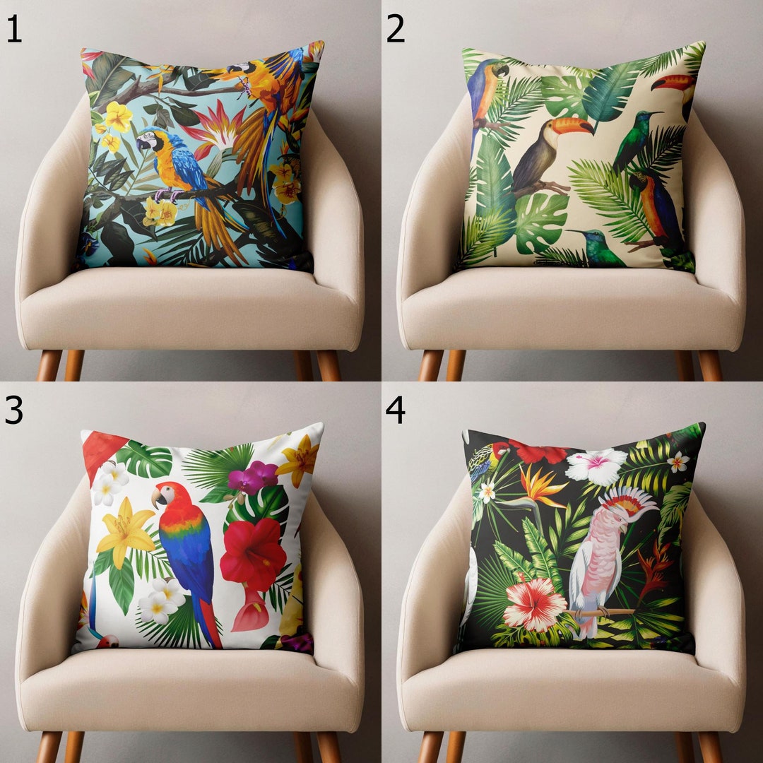 Tropical Parrot Throw Pillow Cover, Exotic Flowers Print Pillowcase ...