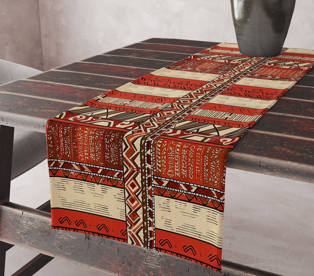 Ethnic Geometric Table Runner, Terracotta Southwestern Table Runner, African Geometric Tribal ...