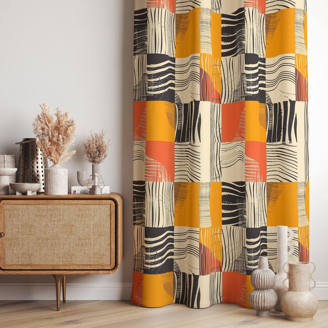 Abstract Patchwork Window Curtains, 70s Retro Blackout Curtain Panel ...