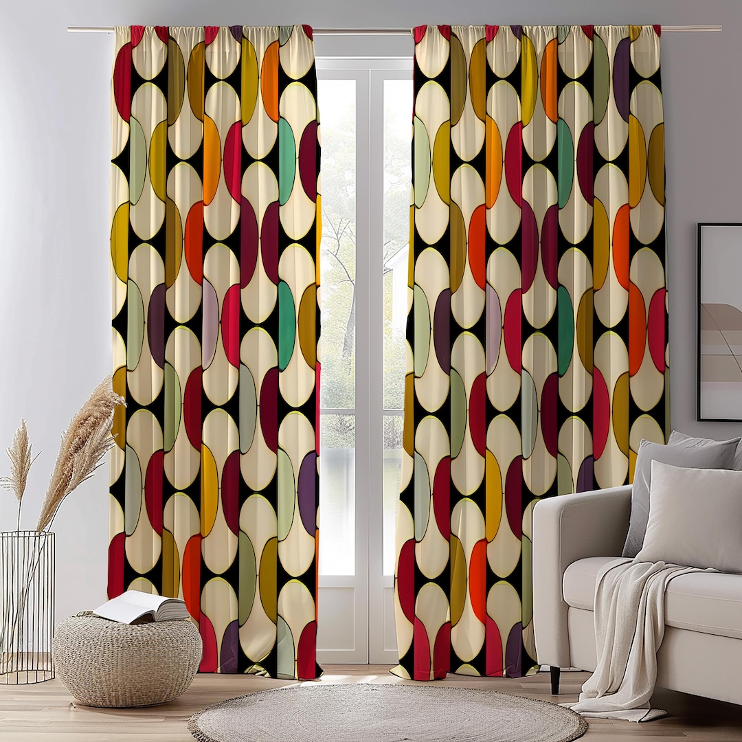 Mid Century Modern Curtain Panels, Colorful Print Curtains, 70s Retro Window Drapes, Retro ...