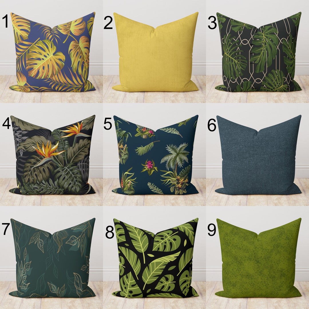Green Tropical Leaves Pillow Covers, Botanical Leaves Cushion Case ...