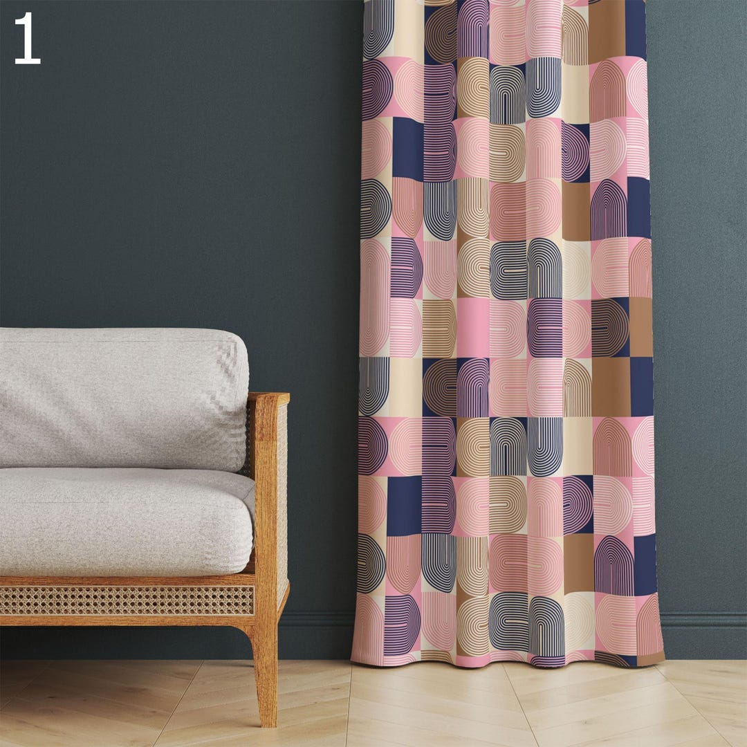 Abstract Retro Style Living Room Curtain, Mid Century Modern Curtain ...