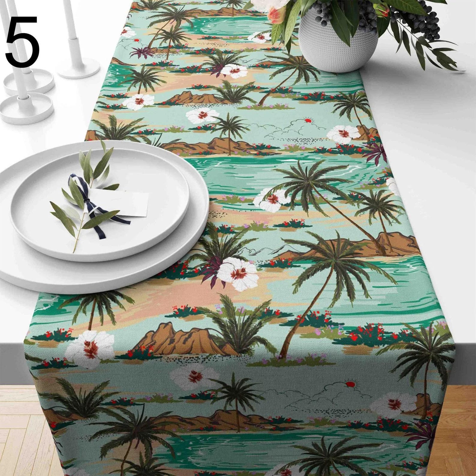 Tropical Leaf Table Runner, Exotic Jungle Animals Table Runner, Palm ...