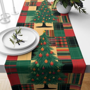 Christmas Table Runner, Holly Pine Tree Table Runner, Xmas Pine Tree ...
