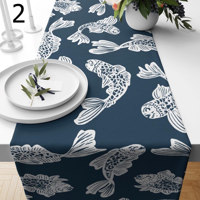 Japanese Koi Fish Table Runner, Blue Wave Table Decor, Zen Minimalist ...