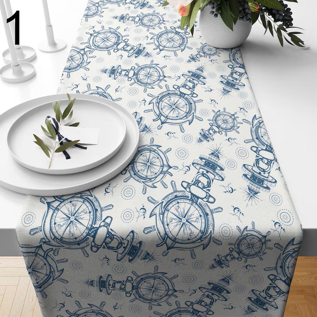 Sailor Table Runner, Vintage Nautical Blue Ships Table Runner, Yatch ...